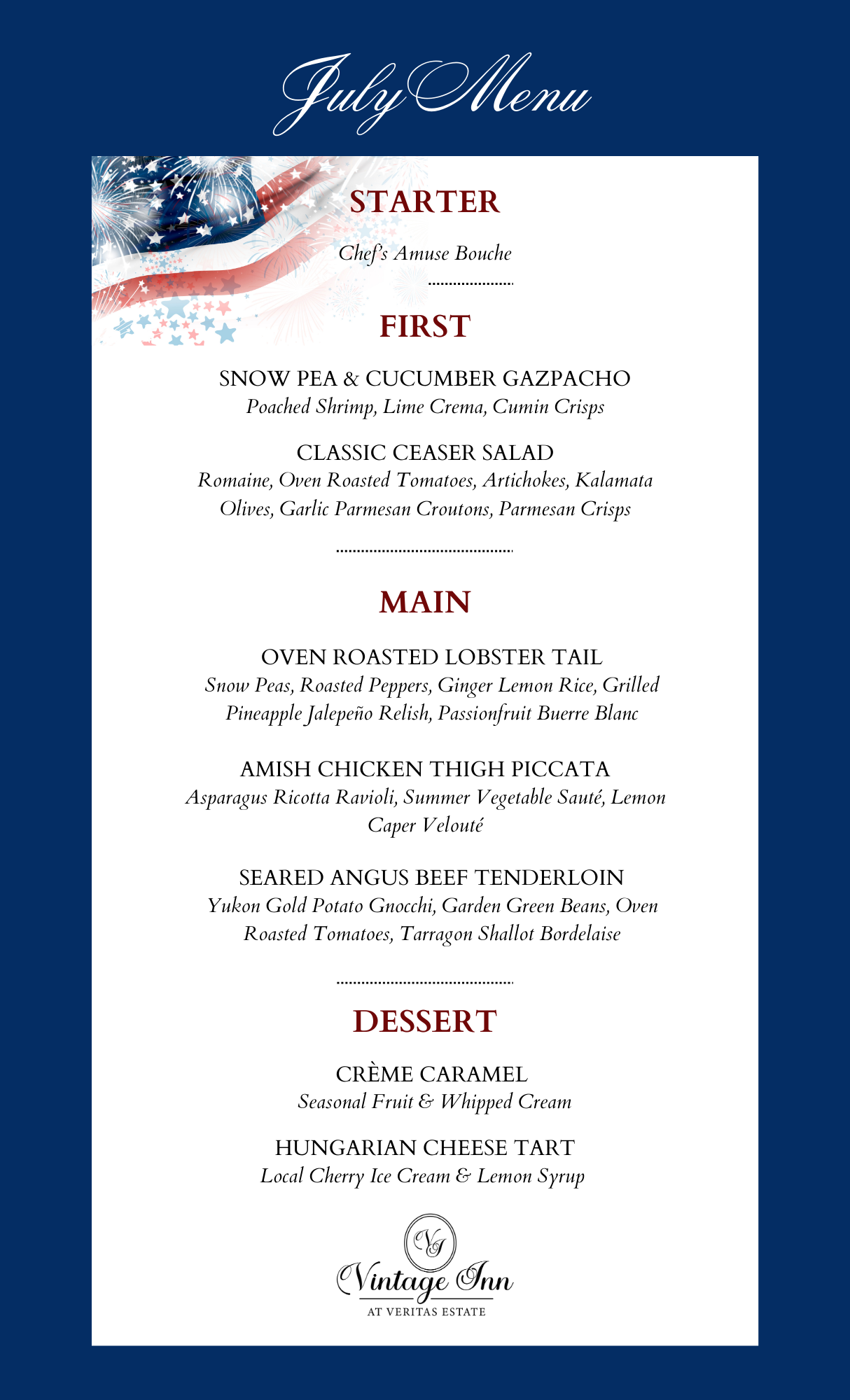 Current Dinner Menu - Vintage Inn At Veritas Estate